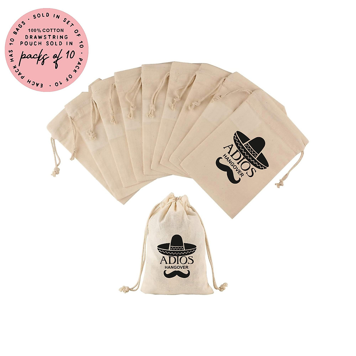 Set of 10 Adios Hangover Bags bachelorette party decorations Cabo survival Kit, amenity Kit Cotton Drawstring Wedding Welcome Favor kits ,Bachelorette ,Party, Drawstring Decors, Off White, 5x7''