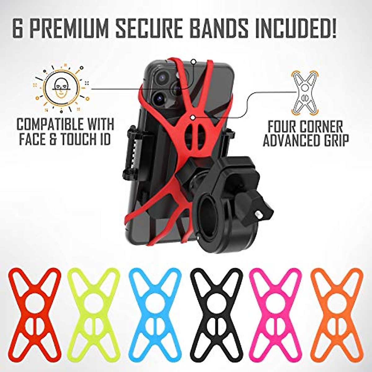 TruActive [𝗣𝗿𝗲𝗺𝗶𝘂𝗺] Bike Phone Mount Holder, Motorcycle Phone Mount, 6 Color Bands Included, Cell Phone Holder for Bike – Universal Any Phone or Handlebar, Bike Phone Holder, ATV, Tool Free