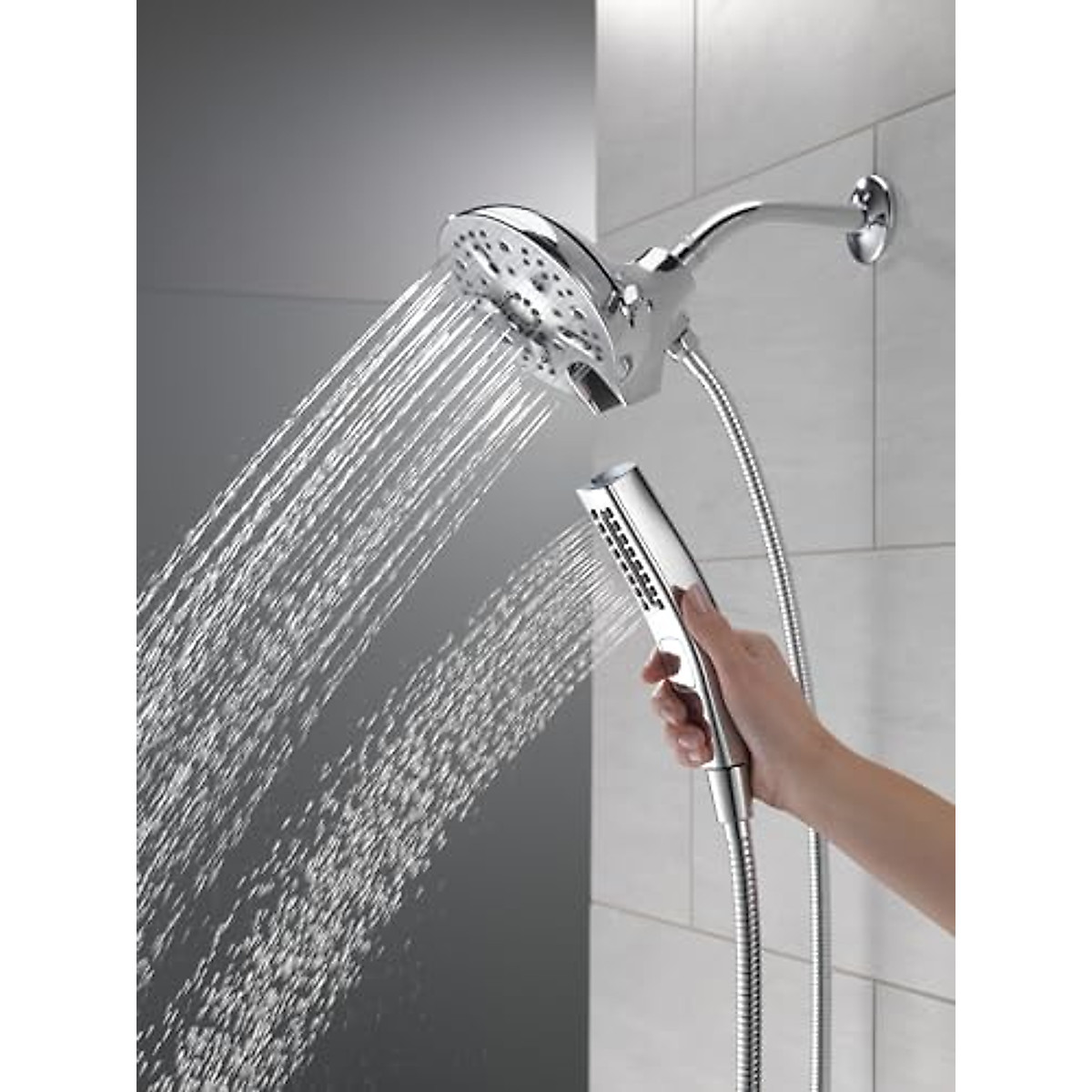Delta Faucet 5-Spray In2ition 2-in-1 Dual Hand Held Shower Head with Hose, H2Okinetic Handheld Shower Head with Magnetic Docking, Chrome Handheld Shower Heads, Chrome 58620-25-PK, 2.5 GPM Water Flow