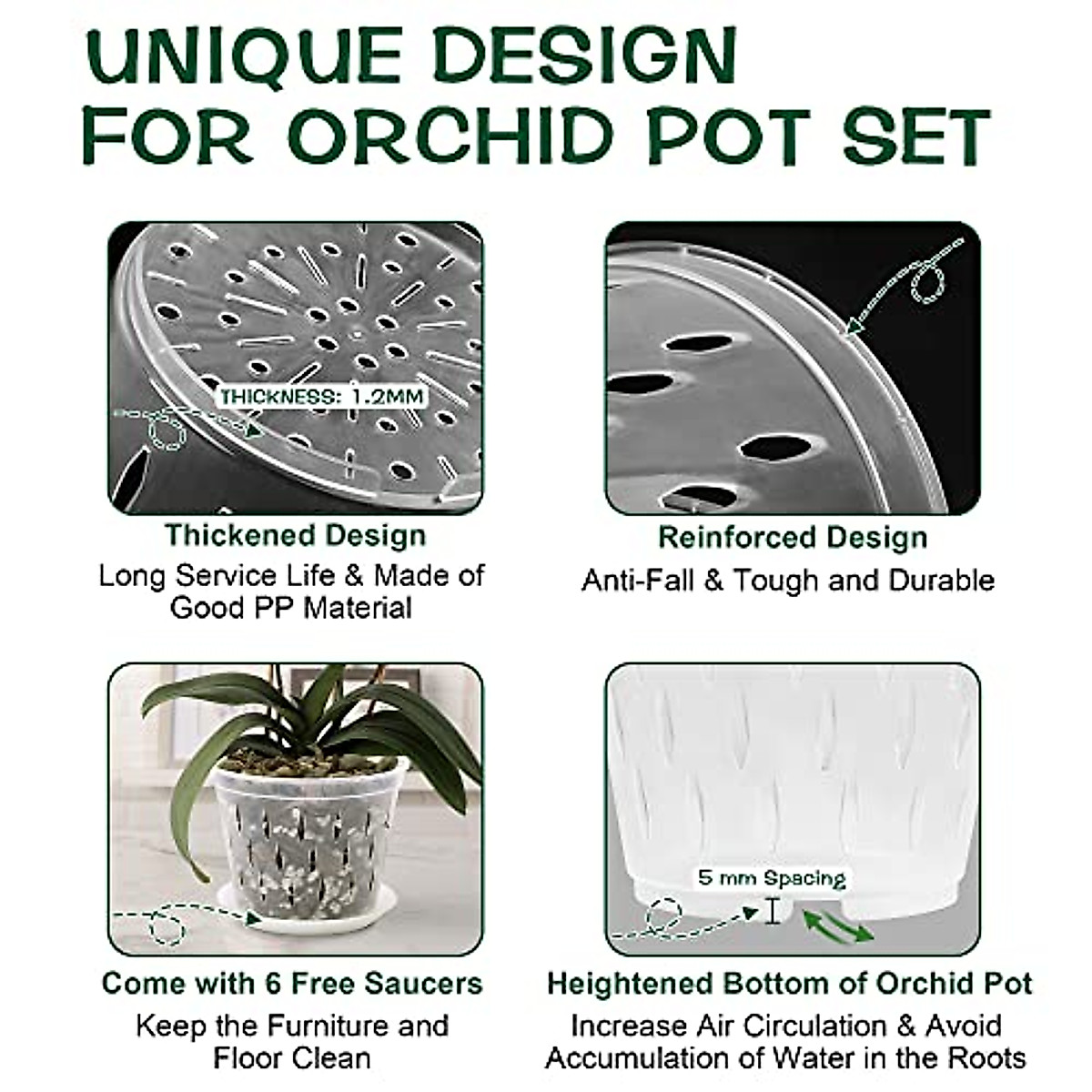 Kitypartsy Orchid Pot, 5 Inch 6 Pack Orchid Pots with Holes and Saucers, Clear Plastic Orchid Pots