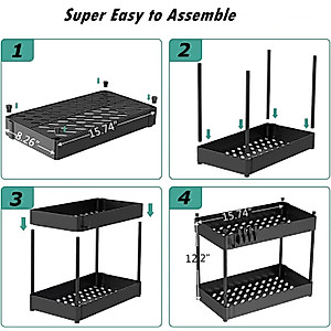 JOCHER 2 Pack Under Sink Organizers and Storage,2 Tier Under Bathroom Sink Organizer With Hooks and Hanging Cup,Multi-purpose Cabinet Organizer Under Sink Storage Shelf for Bathroom Kitchen(Black)