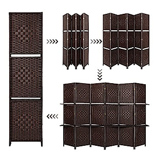 Maxhonor 6 Panels Room Divider, 6 FT Tall&Extra Wide Weave Fiber Room Divider with 2 Shelved, Double Hinged,Folding Privacy Screens, Freestanding Room Dividers (Coffee)