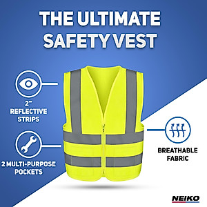 NEIKO Safety Vest, 2 Pockets, High Visibility Vest, Reflective Strips, Neon Yellow Vest, Zipper Front, Reflective Vest For Men & Women, Work Vest, Security Vest & Hi Vis (Large for Adults, 53962A)