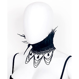 L'VOW Black Feather Choker Necklace Gothic Jewelry Vampire Neck Chain Steampunk Tattoo Lace Accessories Halloween Costume(Black-1)