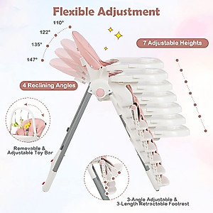 BABY JOY Baby High Chair, Foldable Highchair w/Toy Bar, 7 Heights, 4 Reclining Angles, Adjustable Footrest, Removable Double Tray, PU Cushion & Lockable Wheels for Babies Toddlers, 6-36 Months (Pink)