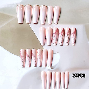 CRRLtry Press on Nails Coffin Fake Nails Marble False Nails Acrylic Nails Medium Press on Acrylic Nails for Women 24Pcs
