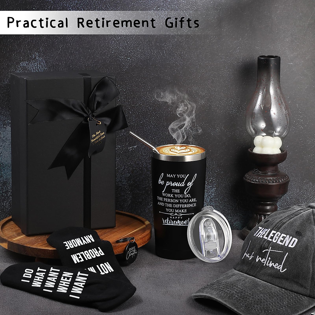 Skylety Set of 5 Retirement Gifts for Men 20 oz Stainless Steel Tumbler Retirement Sign Adjustable Hat Cap Funny Retirement Socks Enjoy the Next Chapter Keychain with Gift Box for Coworker Officer Dad