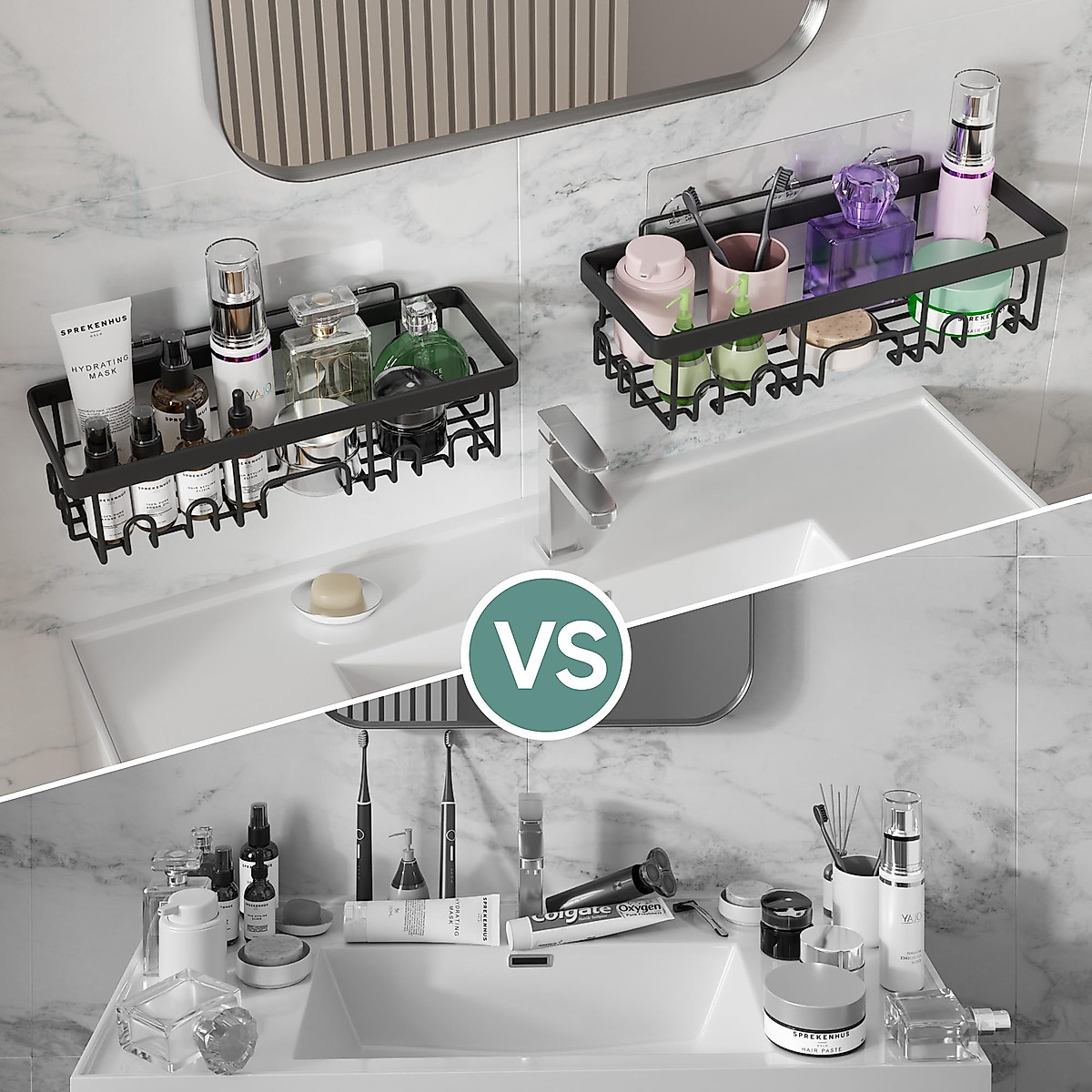 Veken Adhesive Shower Caddy 6-Pack, Large Capacity Bathroom Organizers and Storage, Rustproof Shelves Rack with Soap Holder, No Drilling Wall-Mounted Kitchen & Home Decor, Bath Decor&Essentials, Black