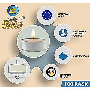 Tea Light Candles - 100 Bulk Pack - White Unscented Travel, Centerpiece, Decorative Candle - 4.5 Hour Burn Time - Pressed Wax - by Ner Mitzvah