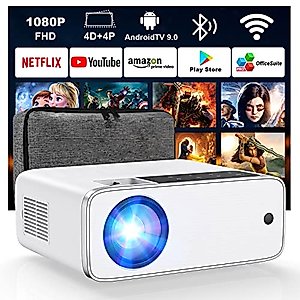 GROVIEW Smart Projector 4K Supported - 9500 Lux 1080P FHD Outdoor Movie Projector with WiFi Bluetooth, APP Control, 4D Correction, AndroidTV 9.0, Office-Software, Portable Projector for Home Theater