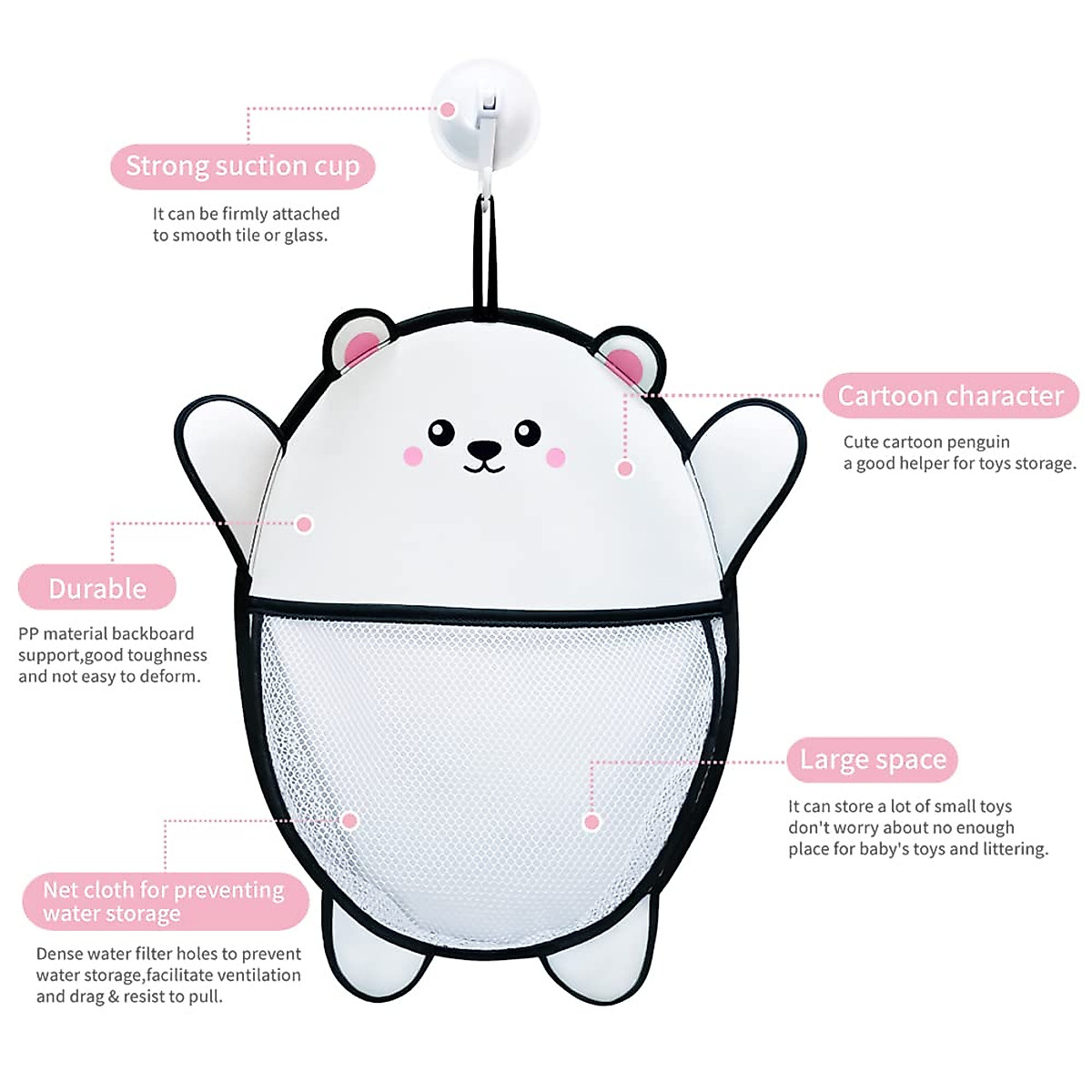 Spuddies Bath Toy Organizer Shower Caddy Cute Bear Design - for Bathroom Baby Toy Storage Quick Dry Bathtub Mesh Net Baby Toy Holder with Suction Hooks