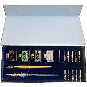 DAVELIOU 19-Piece Wizard Calligraphy Set for Beginners and Professionals, Creates Clean and Smooth Lines, Calligraphy Kit Includes Pens, Inks, Nibs, and Case (Blue & Silver)
