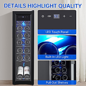 Takywep Mini Wine Fridge 14 Bottle, Wine Cooler Temperature Adjustment Range 41~64°F, Wine Fridge Small with Triple Pane Clear Glass Door, Wine Coolers for Home