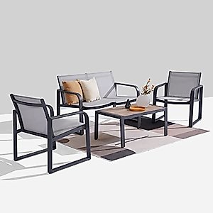 Outdoor Patio Furniture Set with Aluminum Frame, 4 Pieces Outdoor Garden Patio Conversation Sets with Breathable Textilene with Loveseat Coffee Table for Yard,Home,Balcony,Grey