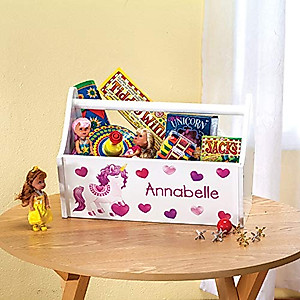 Fox Valley Traders Personalized Kids Wooden Toy Caddy, Customized Children’s Toy Storage Bin, Unicorn Hearts Design