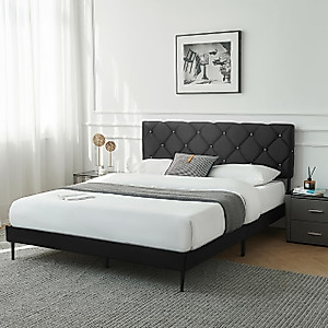 AsKmore Queen Size Bed Frame,Velvet Upholstered Platform with Headboard and Strong Wooden Slats,Non-Slip and Noise-Free,No Box Spring Needed, Easy Assembly,Black