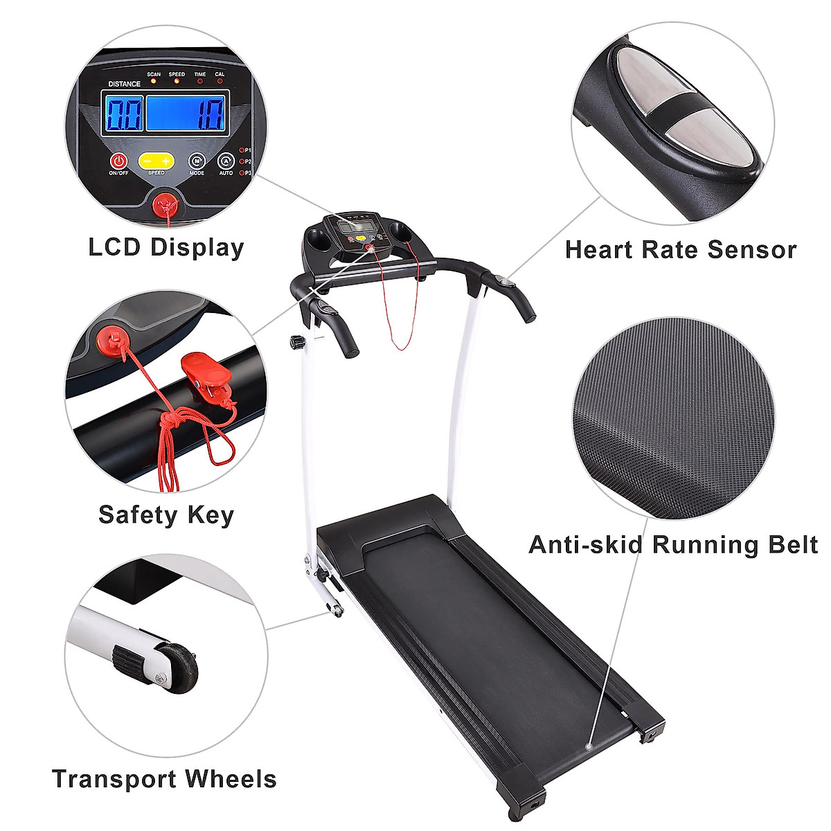 AW Folding Electric Treadmill Portable Running Walking Treadmill with LCD Display Easy Assembly for Home Exercise White