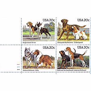 American Dogs Plate Block of 4 x 20 Cent US Postage Stamps Scott 2101a