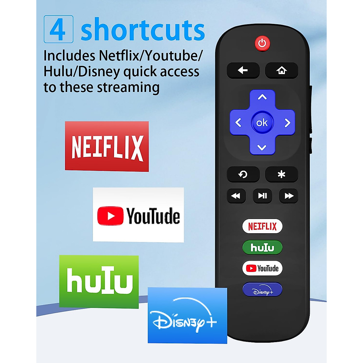 (Pack of 2) Replacement Remote Control for Roku TV,for TCL/Hisense/Sharp/Philips/Onn/Element/Insignia Roku TV,with Shortcut Buttons Netflix/YouTube/Hulu/Disney+ (NOT for Roku Stick or Box)