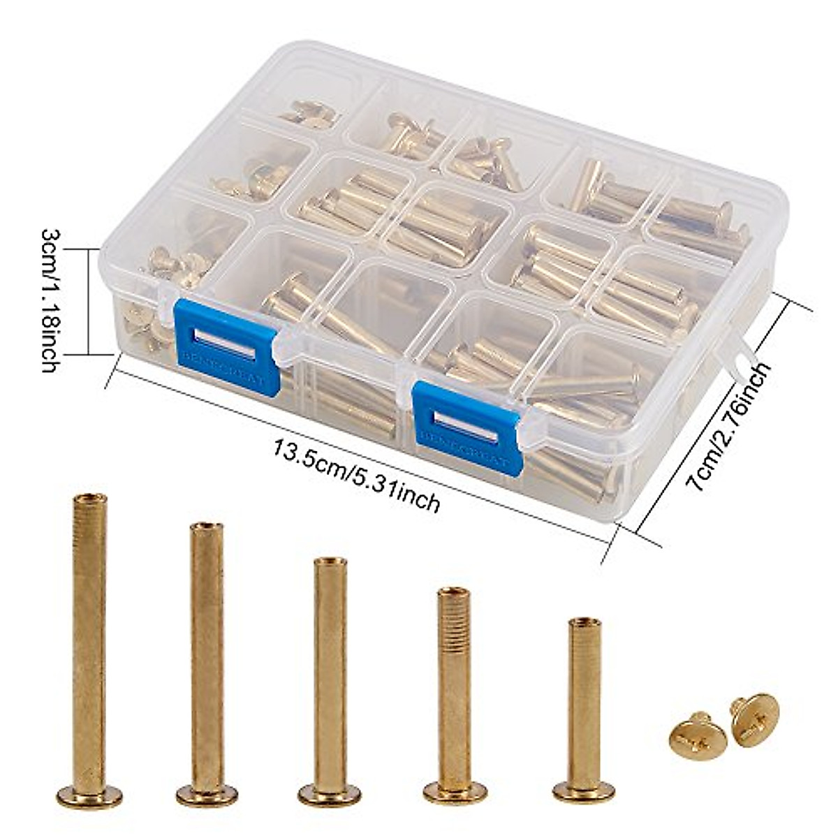 INCREWAY Phillips Screws, 100 Sets 5mm X 25/30/35/40/45mm Brass Plated Chicago Binding Screws, Round Cross Head Stud Screw Posts Nail Rivet Chicago Button, Brass Tone