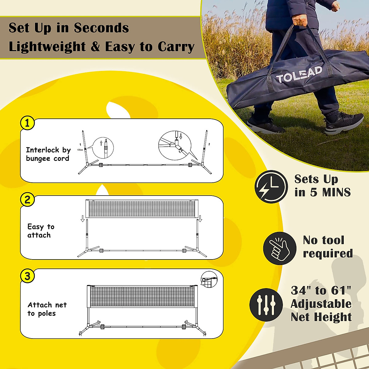 TOLEAD All-in-One Pickleball & Badminton Net Set, Portable Volleyball Net Set (17ft Wide x 3-5ft Height) for Backyard,Outdoor Sports Game Set w/Volleyball Pickleball Paddles & Badminton Rackets