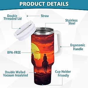 Jihqo Sunset Western Cowboys 40 oz Stainless Steel Vacuum Insulated Tumbler with Handle and Straw Lid, Leakproof Water Bottle Double Wall Travel Mug Coffee Cup, Cupholder Friendly