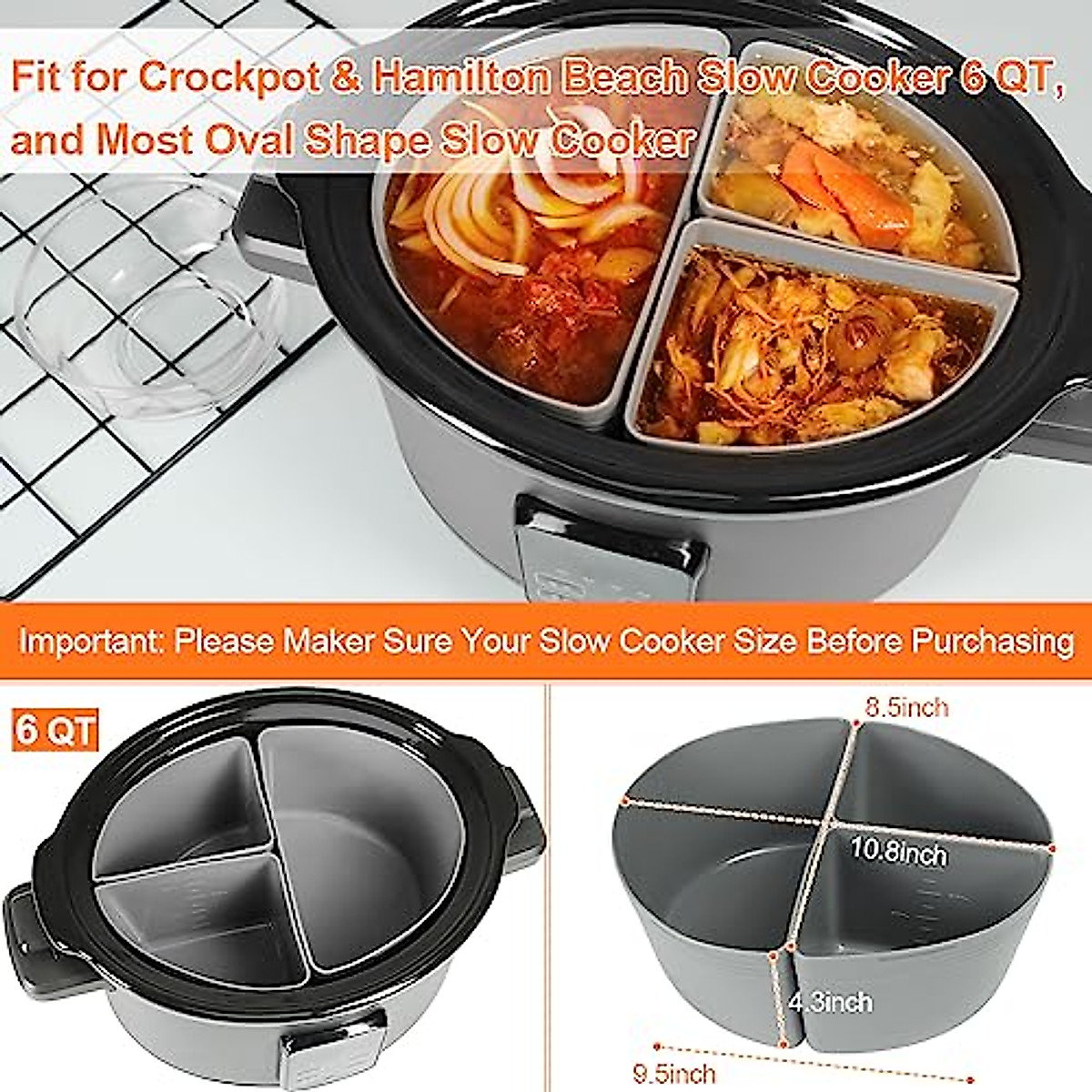 BYKITCHEN Reusable Thicker Silicone Slow Cooker Divider Liner Compatible with Crockpot, Hamilton Beach 6 Quart Slow Cooker, Set of 3, Slow Cooker Divider Insert for Most 6-8 QT Oval Slow Cooker