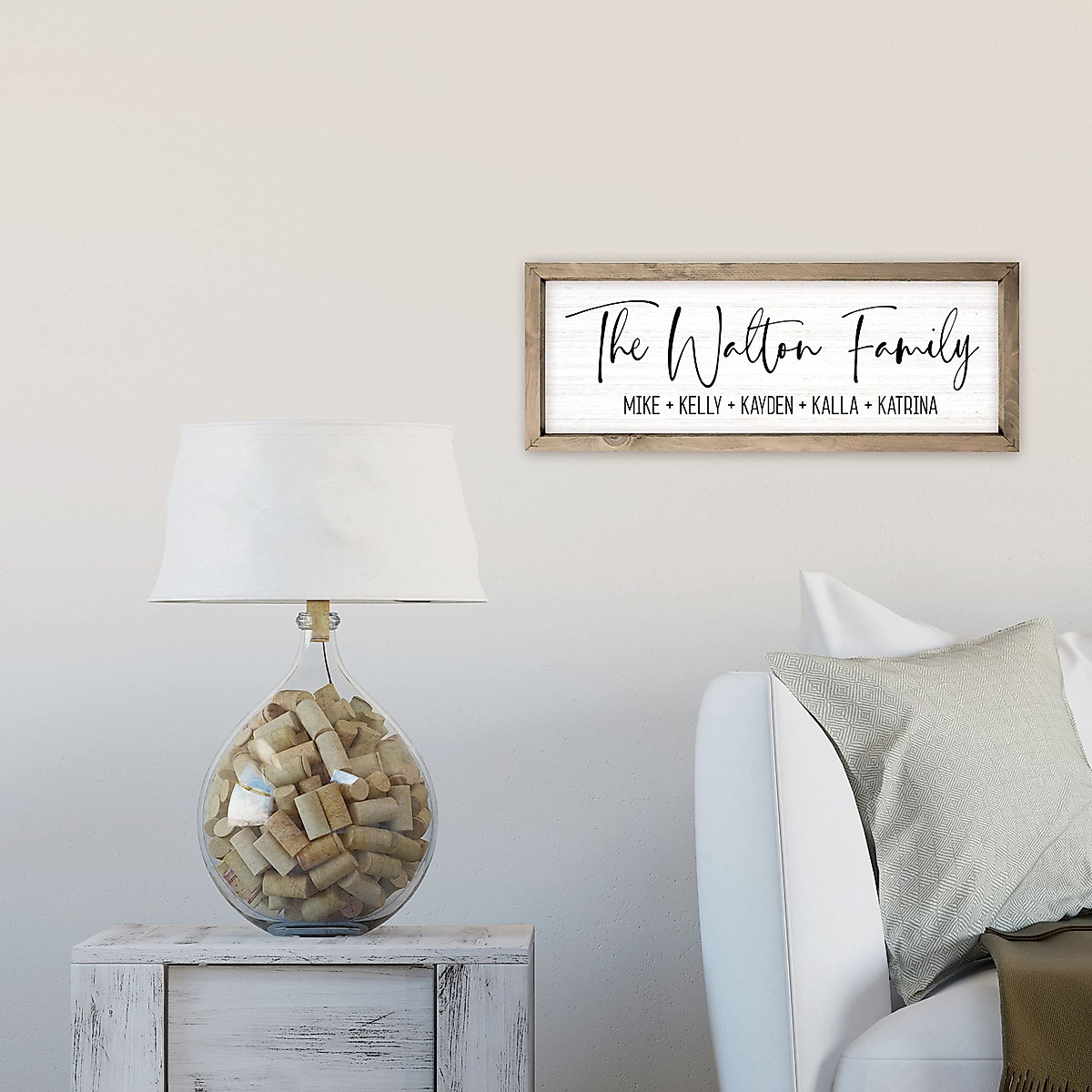 Personalized Framed Wooden Family Name Sign (6" x 18", Weathered Grey Frame, White Background)