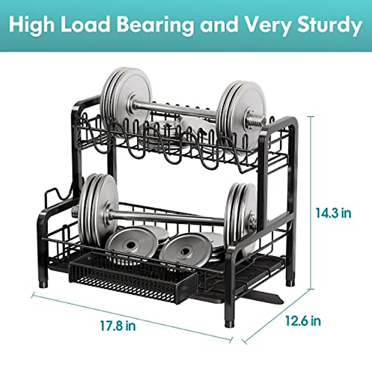 BOOSINY Dish Drying Rack and Drainboard Set for Kitchen Counter, 2 Tier Large Stainless Steel Sink Organizer Dish Racks with Cups Holder, Utensil Holder, Dish Strainer Shelf (Black)