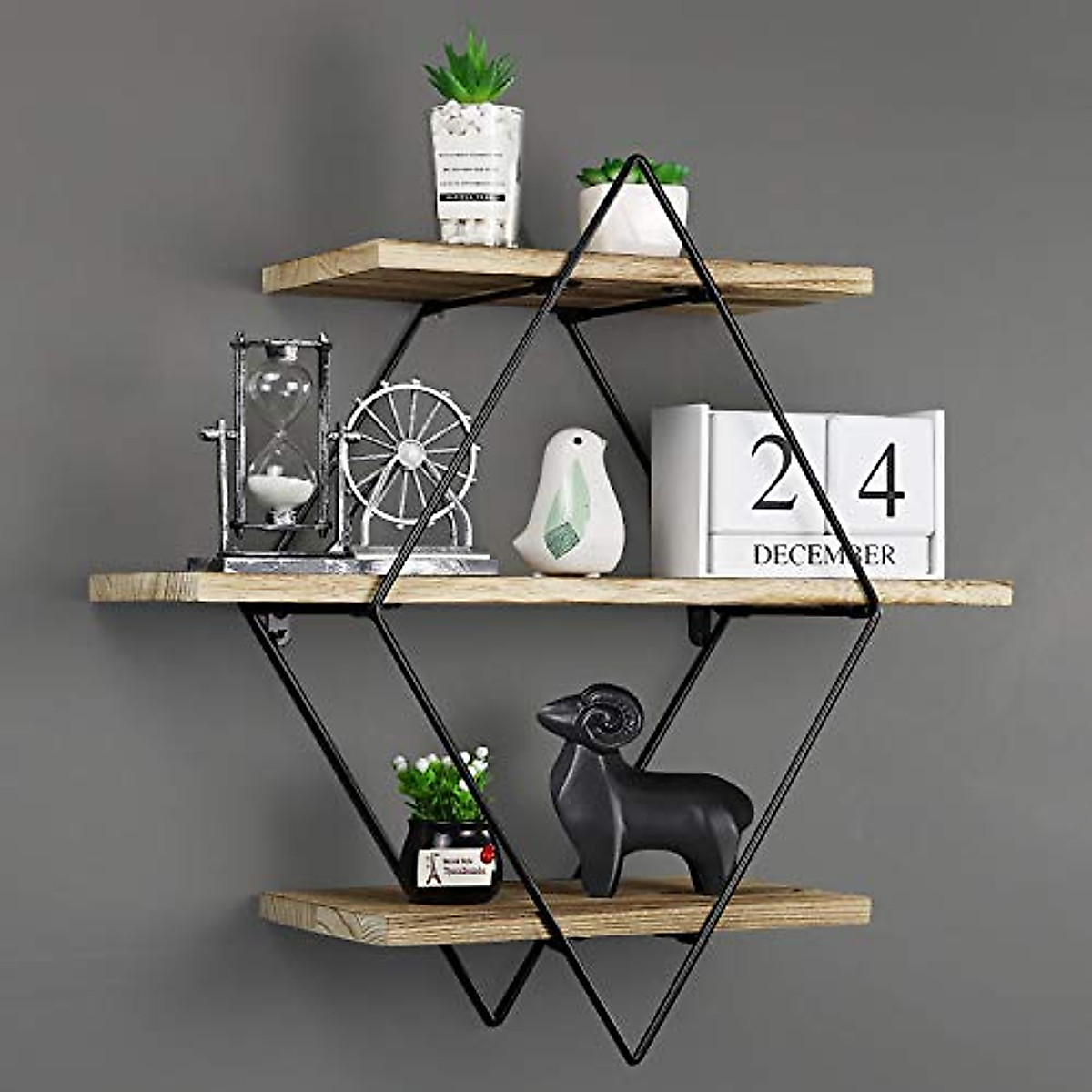 Befayoo Floating Shelves for Wall, Rustic Wood Geometric Style Decor Shelf for Bathroom Bedroom Living Room Kitchen Office (Diamond, Natural)