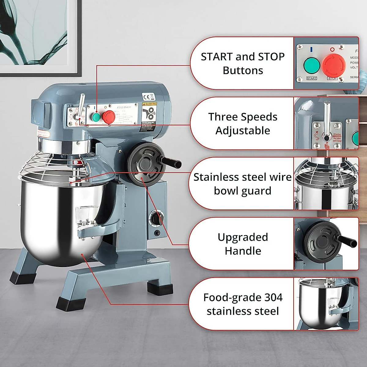 Commercial Food Mixer, 15Qt Commercial Dough Mixer, 600W Stainless Steel Bowl Heavy Duty Food Mixer with 3 Speeds Adjustable, Dough Hook Whisk Beater Included, Perfect for Bakery Pizzeria