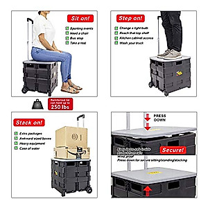 dbest products Quik Cart Collapsible Rolling Crate on Wheels for Teachers Tote Basket 80 lbs Capacity, Made from Heavy Duty Plastic and Used as a Seat, Grey