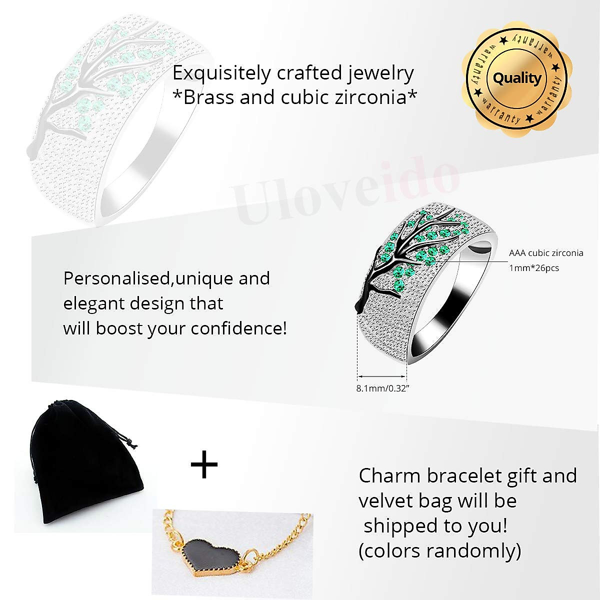 Uloveido Ladies Full CZ Black Branch Gree Tree Leaf Wedding Band Ring,Lab Created Diamond Anniversary Rings for Women Y524 (Size 8)