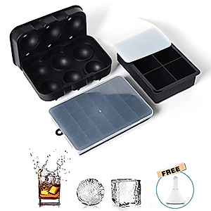 Yvnicll Ice Cube Trays, Silicone Sphere Whiskey Ice Ball Maker & Large Square Ice Cube Molds & 24 Grid Square Ice Tray for Cocktails & Bourbon,Reusable and BPA Free (Black Set of 3)