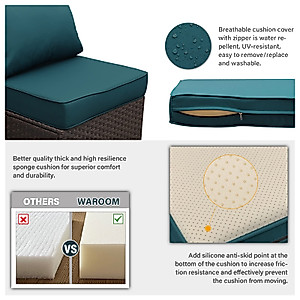 WAROOM Outdoor Patio Furniture Set Dark Brown Rattan 10 Piece Sectional Sofa PE Wicker Conversation Couch Sets with 45" Gas Fire Pit Table and Non-Slip 5" Thick Peacock Blue Cushion