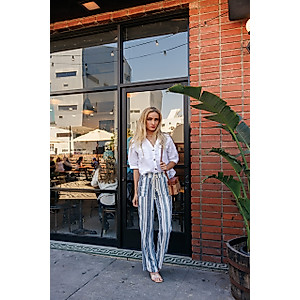 Cali1850 Women's Casual Linen Pants 32" Inseam Oceanside Drawstring Smocked Waist Lounge Beach Pants with Pockets Navy Ivory Large