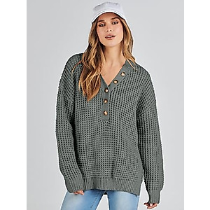 ANRABESS Womens Oversized Sweater Long Sleeve Loose V Neck Button Jumper Casual Waffle Side Slit Knit Pullover 2024 Clothes X-Large Gray Green