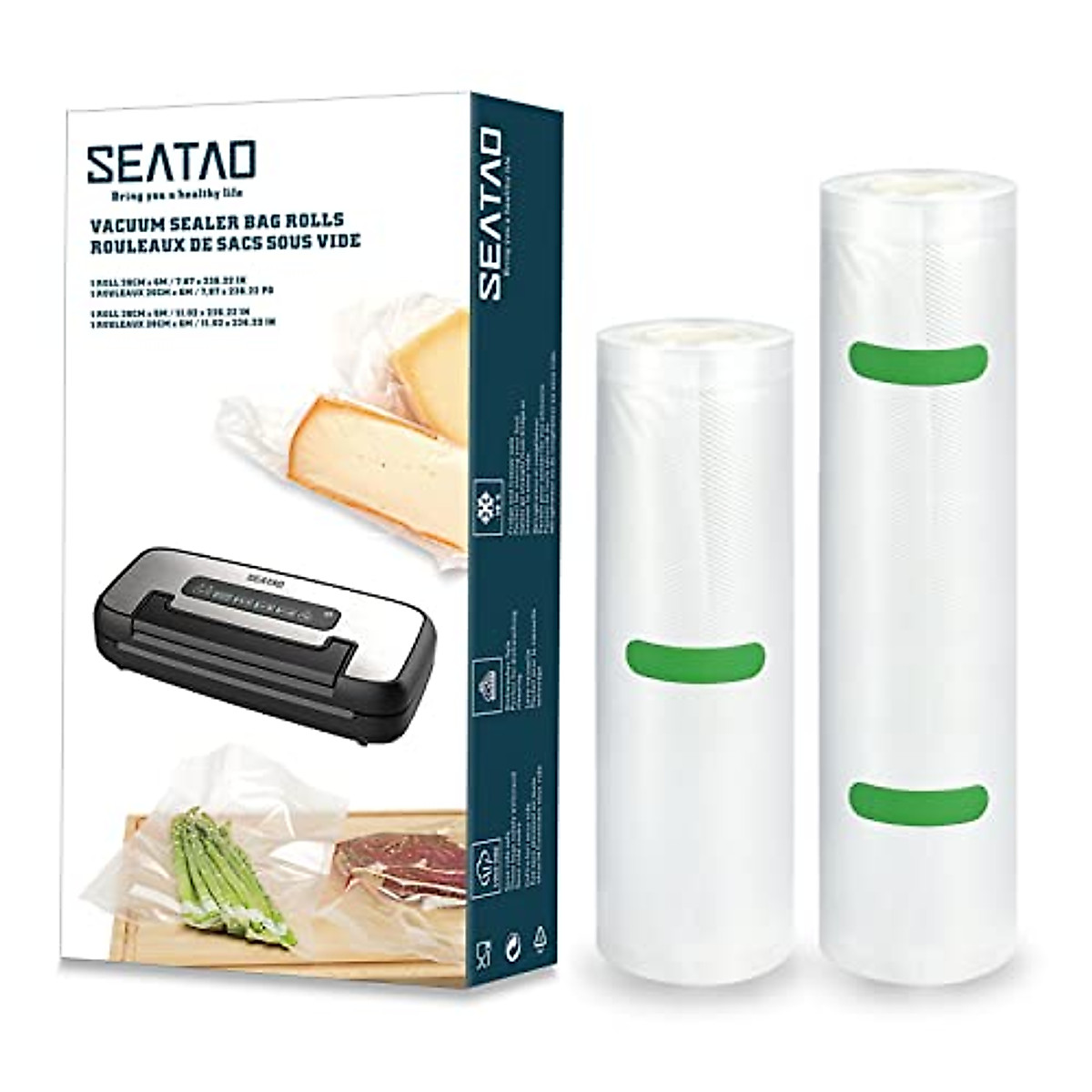 Vacuum Sealer Bags, SEATAO 2 Pack 1 Roll 11" x 20' and 1 Roll 8" x 20' vacuum seal bags for food, Environmentally Friendly Degradable Material, Double Side Air Channel, Mircowave & Freezer, Sous Vide cooking