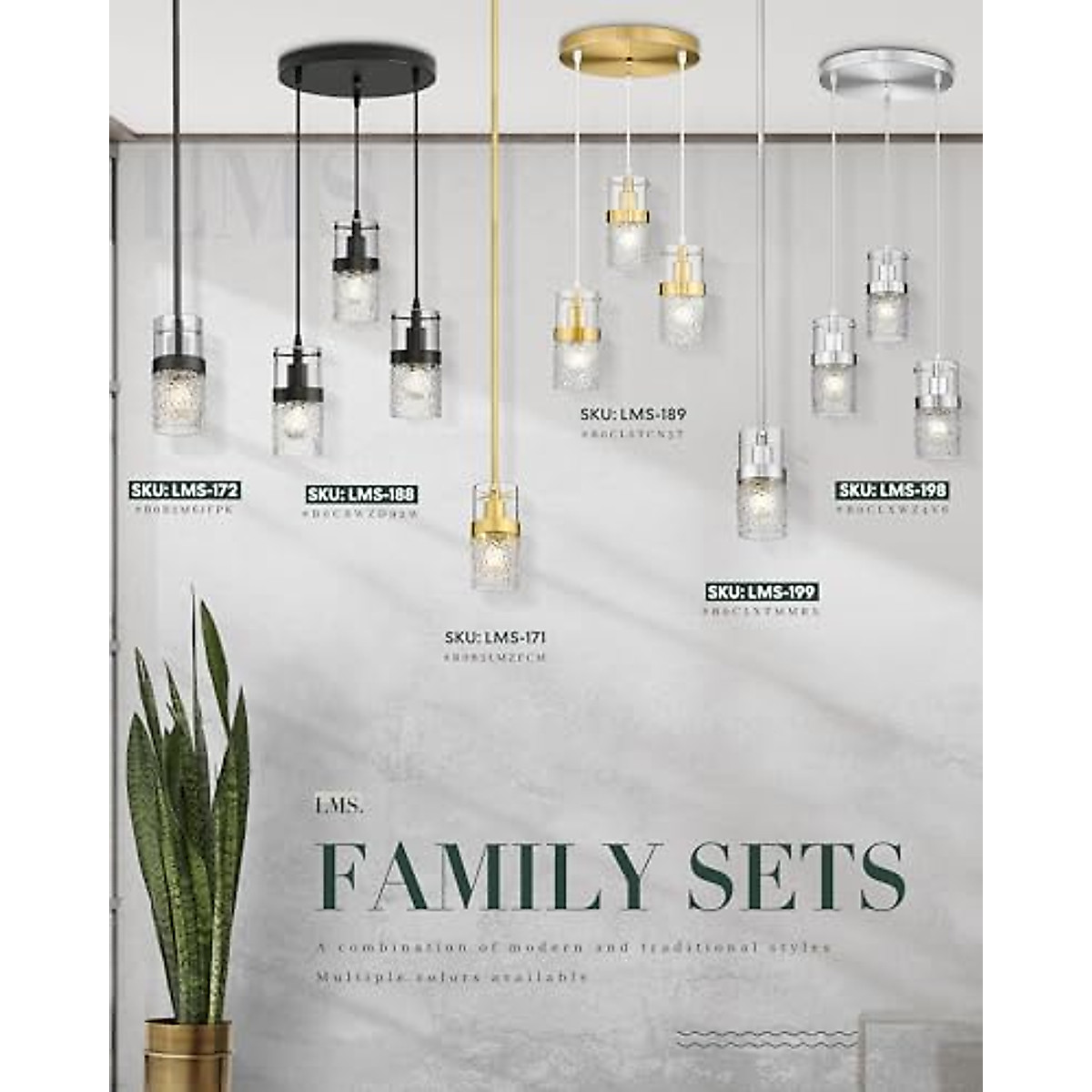 LMS Gold Pendant Light, 1-Light Pendant Lighting for Kitchen Island with Hammered Glass, LMS-171