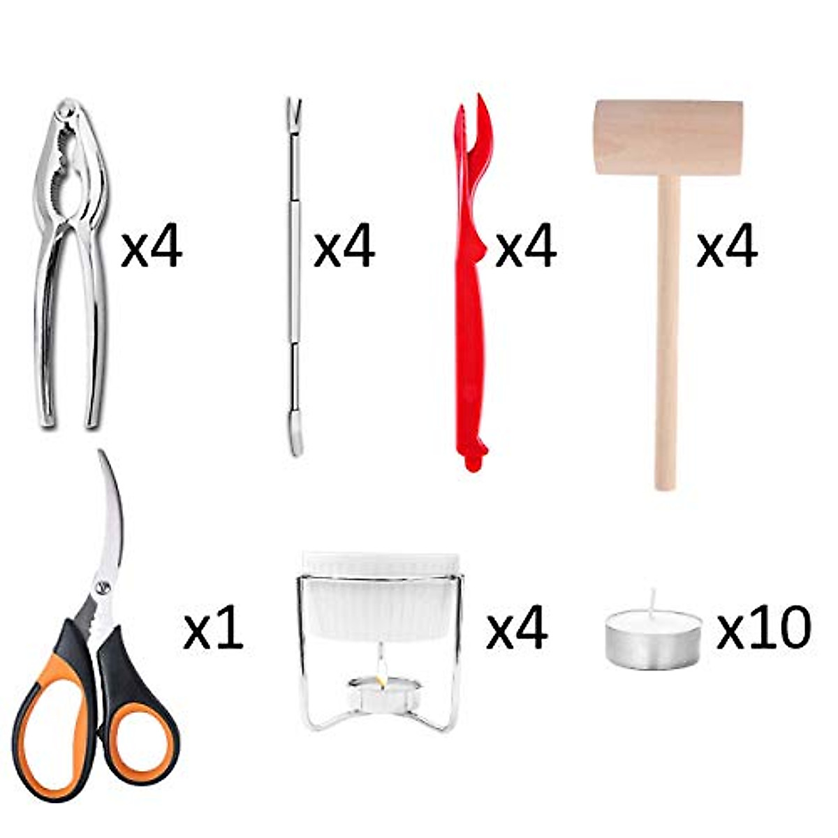 Artcome 21 Pcs Seafood Tools Set includes 4 Crab Forks, 4 Lobster Crab Crackers, 4 Lobster Shellers, 4 Butter Warmers, 4 Lobster Crab Mallets, 1 Seafood Scissor