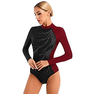 TiaoBug Women's Shiny Rhinestone Figure Skating Leotard Long Sleeves Ballet Dance Gymnastics Leotard Performance Dancewear Burgundy X-Large