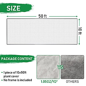 YNERHAI Plant Covers Freeze Protection Kit with 6 Pcs Garden Hoops & Clips, 10 ft x 50 ft Garden Frost Cloth Plant Covers for Winter Protection, Floating Row Cover Frost Blankets (1.05 Oz/yd²)