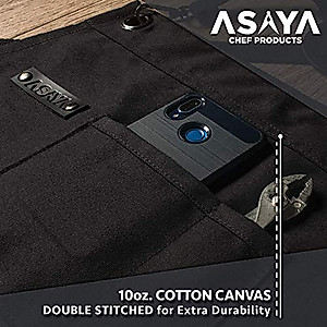 Asaya Chef, BBQ and Work Apron with Bottle Opener and Hand Towel - Durable 10oz Cotton Canvas, Brass Hardware and Cross Back Straps - For Men, Women, Grilling, and Cooking (Black)