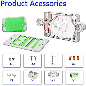 Green LED Exit Sign Emergency Light Combination Adjustable Two Heads and Battery Backup, US Standard Commercial Emergency Exit Lighting, Fire Resistant UL 924 AC 120/277V (8-Pack)