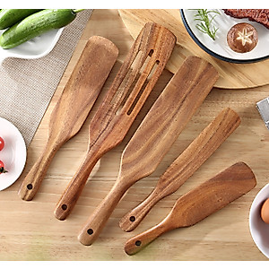 Wooden Spurtle Kitchen Utensils,QWKIT 5Pcs Premium Natural Teak Wood Slotted Spurtle Spatulas Spoons Set for Nonstick Cookware Kitchen Cooking Heat Resistant Non Stick (5)