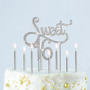 Sweet 16 Cake Toppers Rhinestone Birthday Cake Topper, 20 Pcs Metallic Birthday Candles Sweet 16 Cake Candles Sweet 16 Birthday Decorations Happy Birthday Candles for Cake Birthday Decor (Silver)
