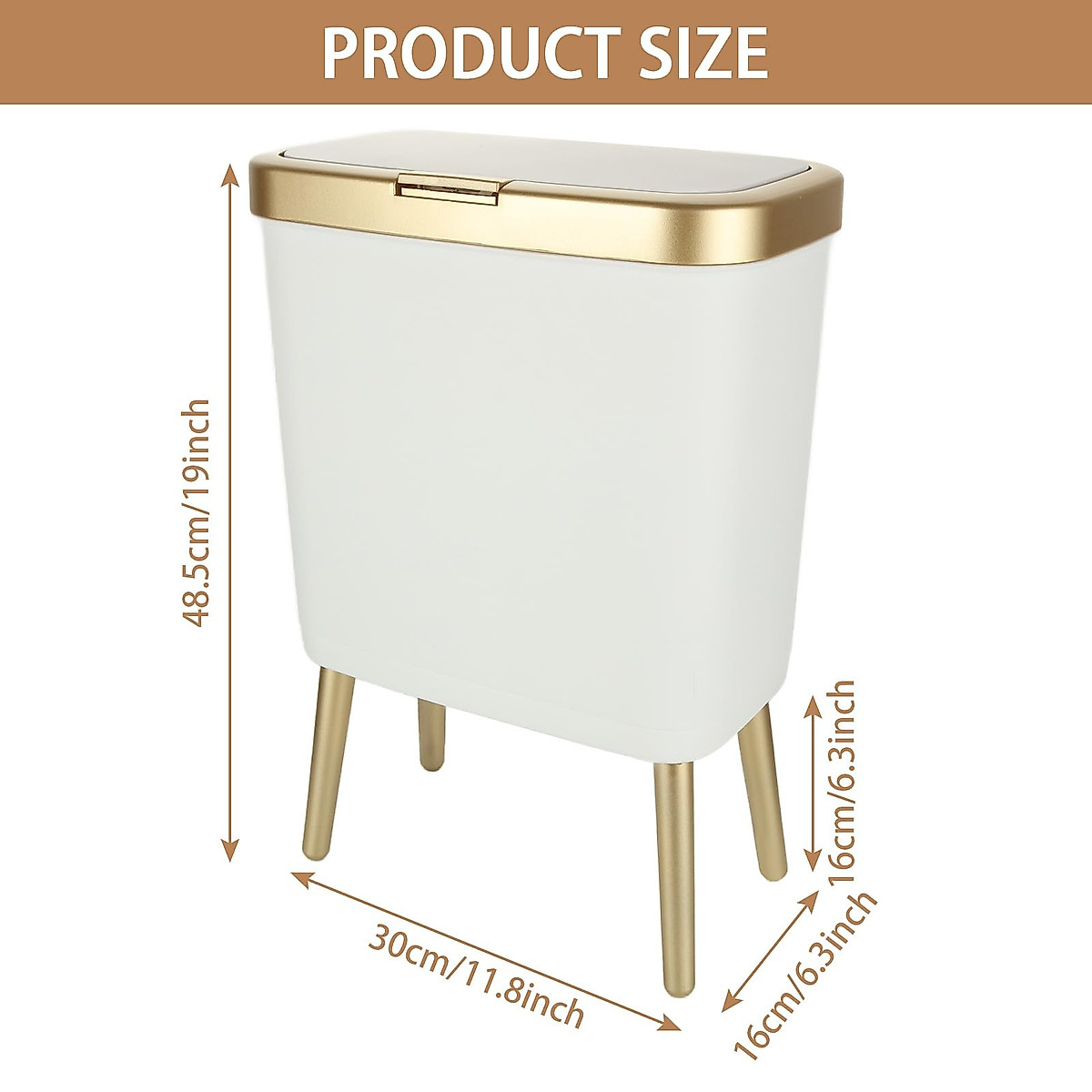 MUXHEL 1 Pcs Trash Can with Lid, White-Glod Trash Bin with Long Legs, PP Plastic Nordic Modern Waste Basket Dog Proof Trash Can for Indoor and Outdoor (4 Gallon)