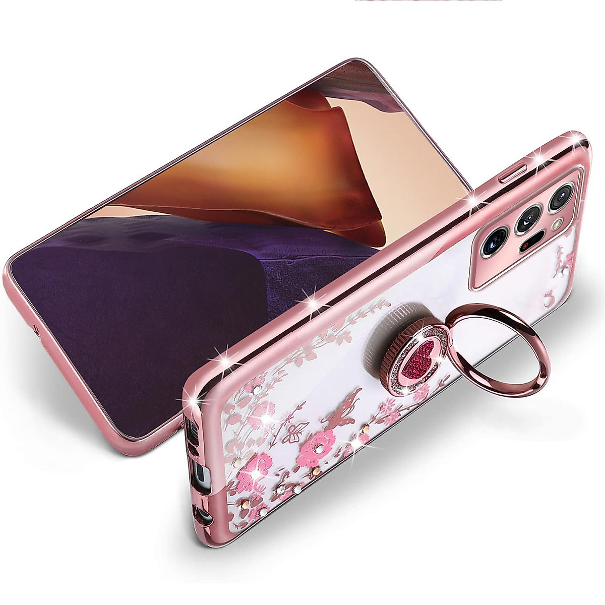 for Note 20 Ultra Case,Galaxy Note 20 Ultra Case for Women, Glitter Crystal Butterfly Heart Floral Slim TPU Bling Cute Girls Protective Cover with Ring Holder Stand+Strap for Note 20 Ultra(Rose Gold)