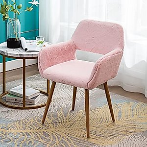 SSLine Faux Fur Vanity Chair Elegant Pink Furry Makeup Desk Chairs for Girls Women Modern Comfy Fluffy Arm Chair with Wood Look Metal Legs in Bedroom Living Room