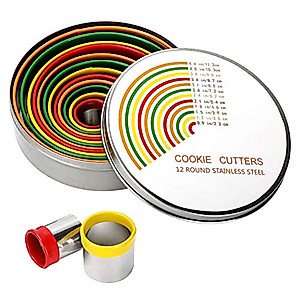 Round Cookie Biscuit Cutter Set - 12 Pack Pastry Cutters in Graduated Sizes for Donut, Dough, Fondant, Clay - Stainless Steel Circle Cutter Cake Ring Molds with Colorful Rubber Coating